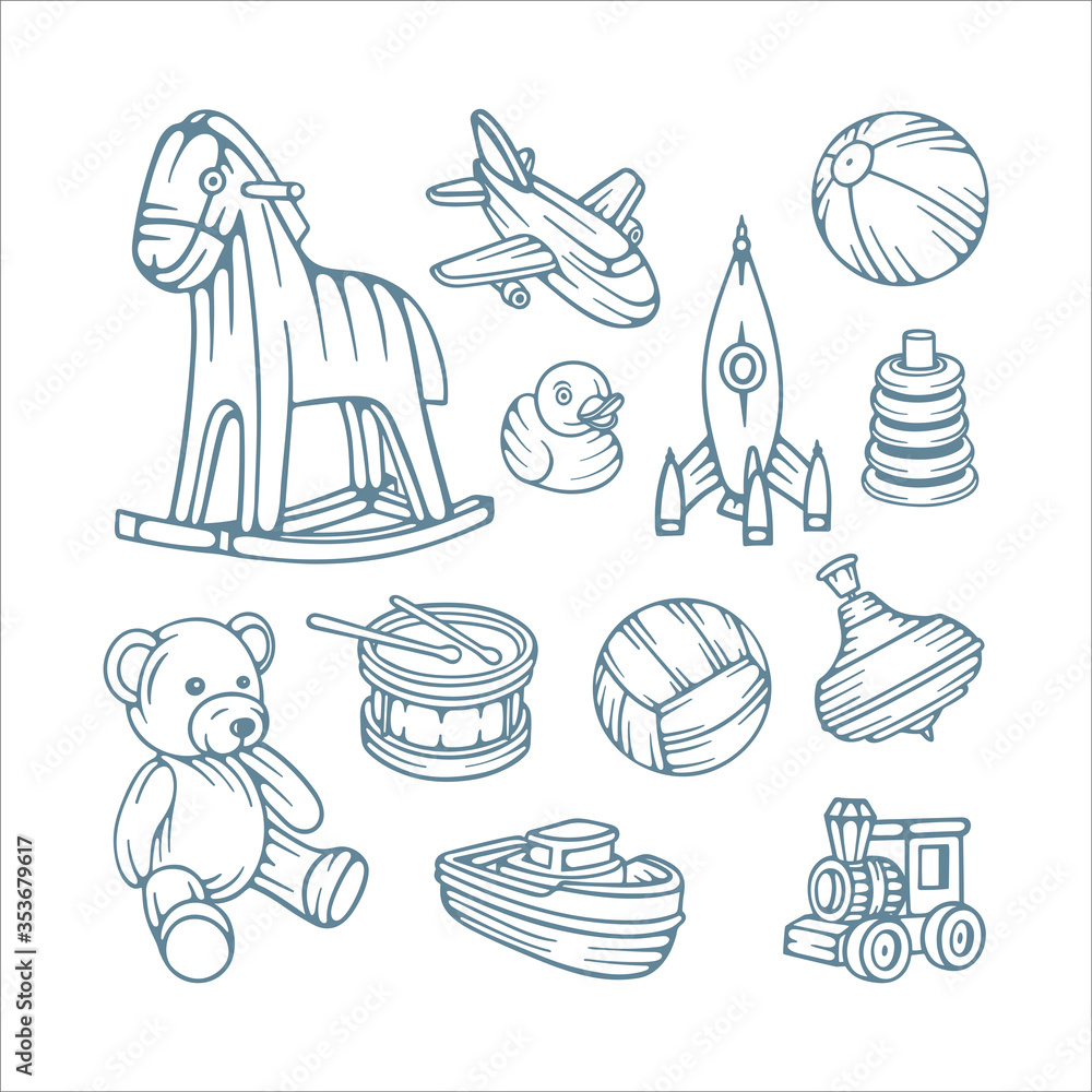 Toys. Set of hand drawn toys vector illustration. Toy sketch drawing ...