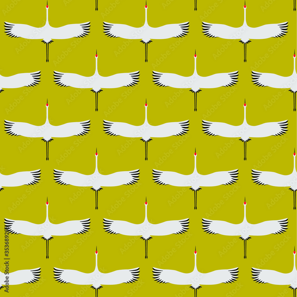 Flying cranes flock - top view. Seamless pattern design in mustard ...