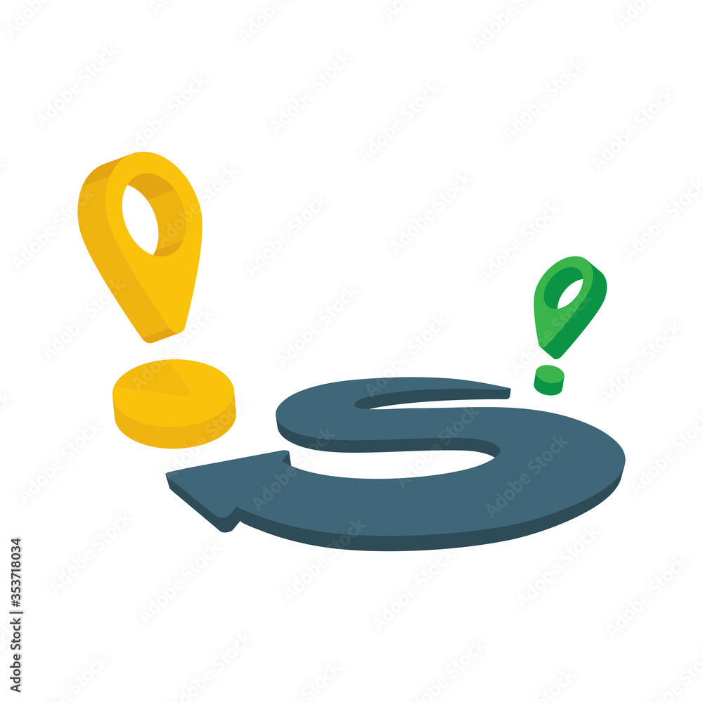 Road. Arrow shaped road with start and end map pins. Route location and ...