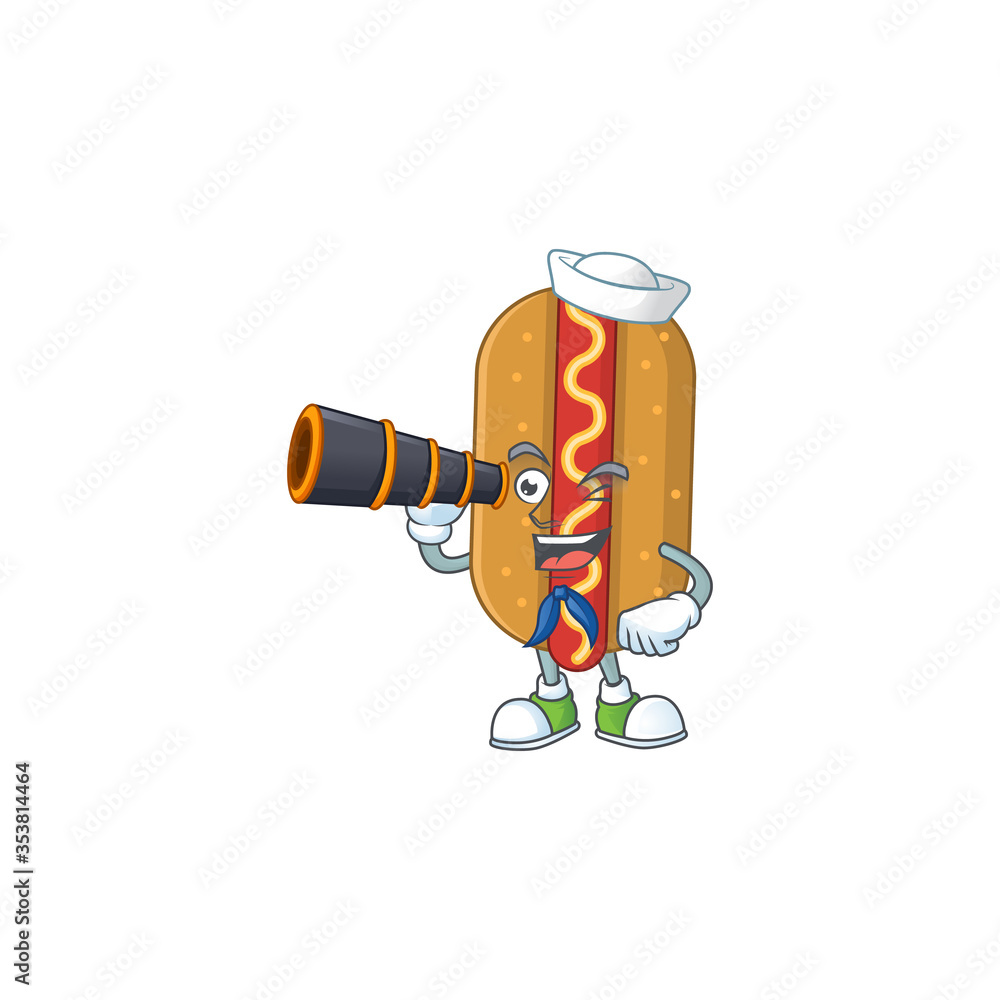 cartoon picture of hotdog in Sailor character using a binocular Stock ...