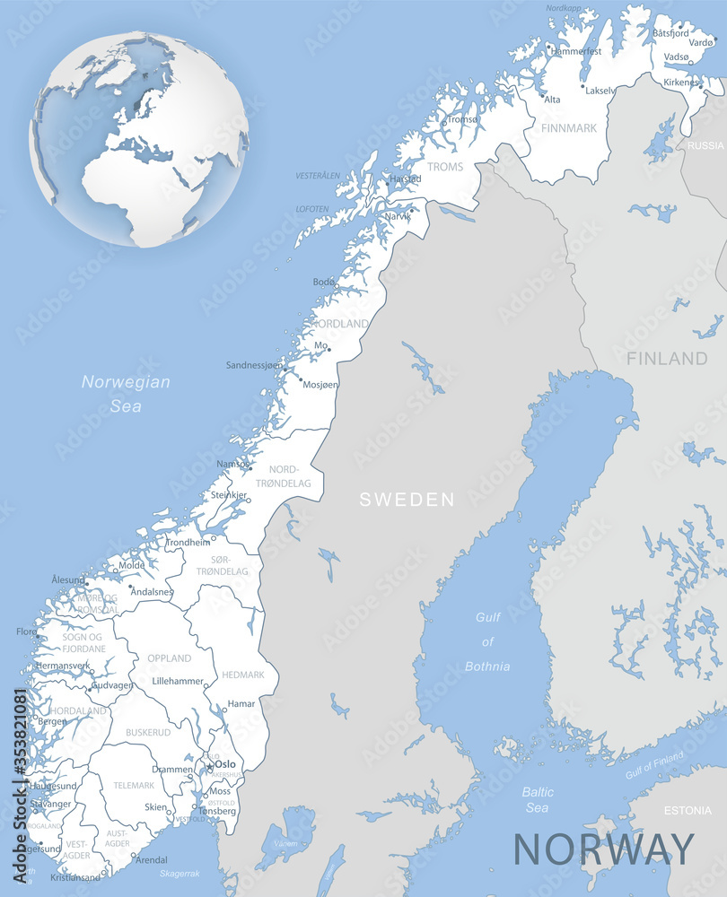 Blue-gray detailed map of Norway and administrative divisions and ...