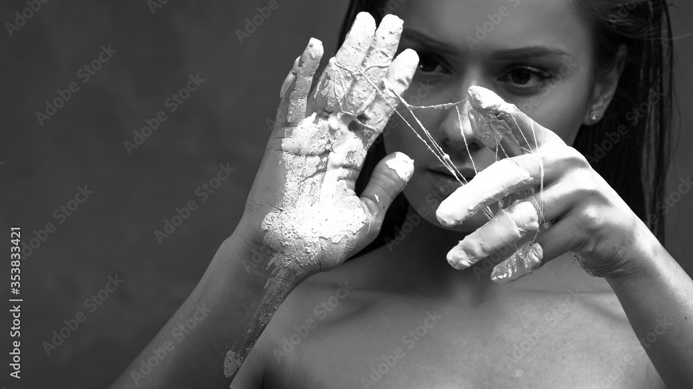 Glued hands, weakness and confusion in problems, concept. Beautiful ...