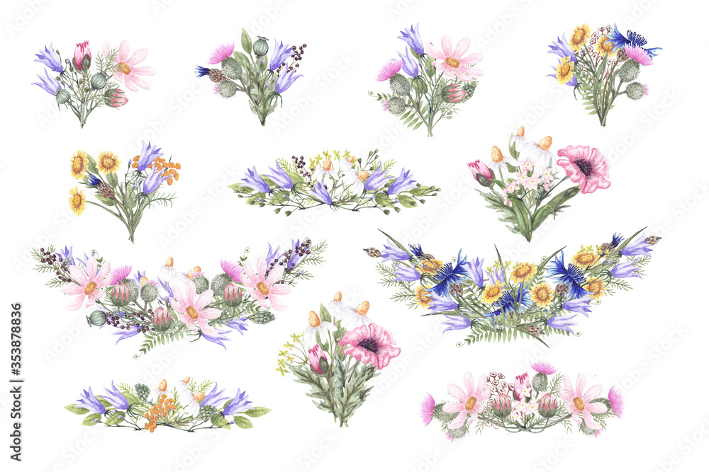 Large set with bouquets of wildflowers poppy, cornflower, bluebell ...