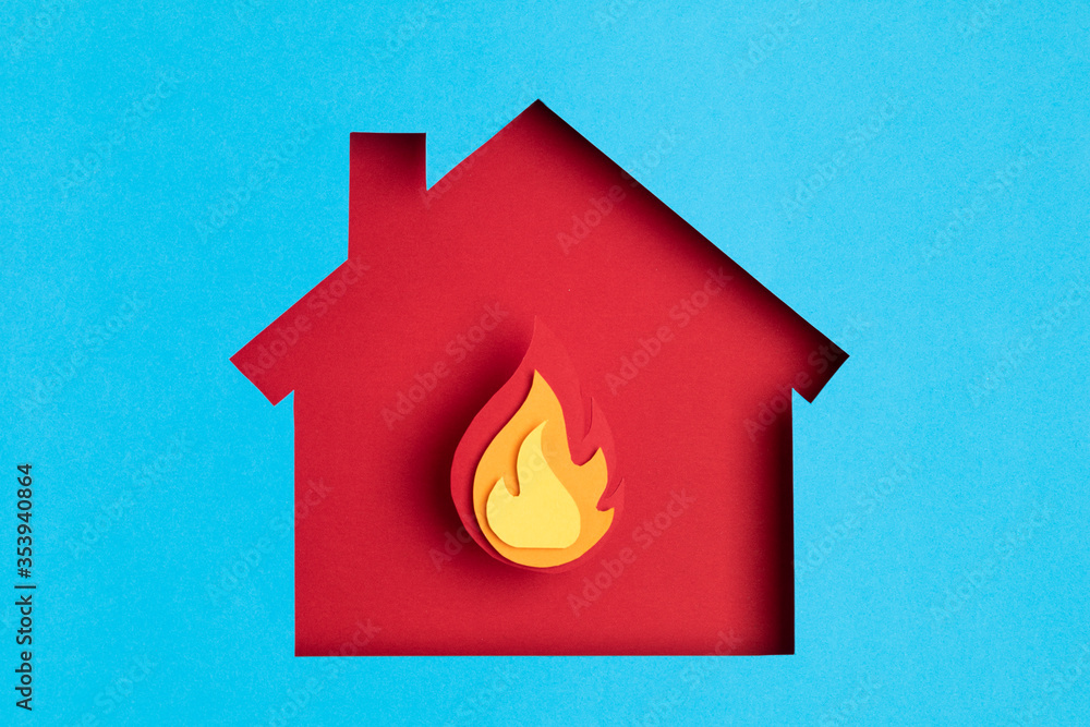 Papercut house with fire inside. Home insurance, security, safety ...