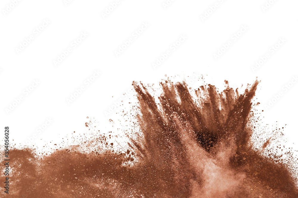 Brown color powder explosion on white background. Colored cloud ...