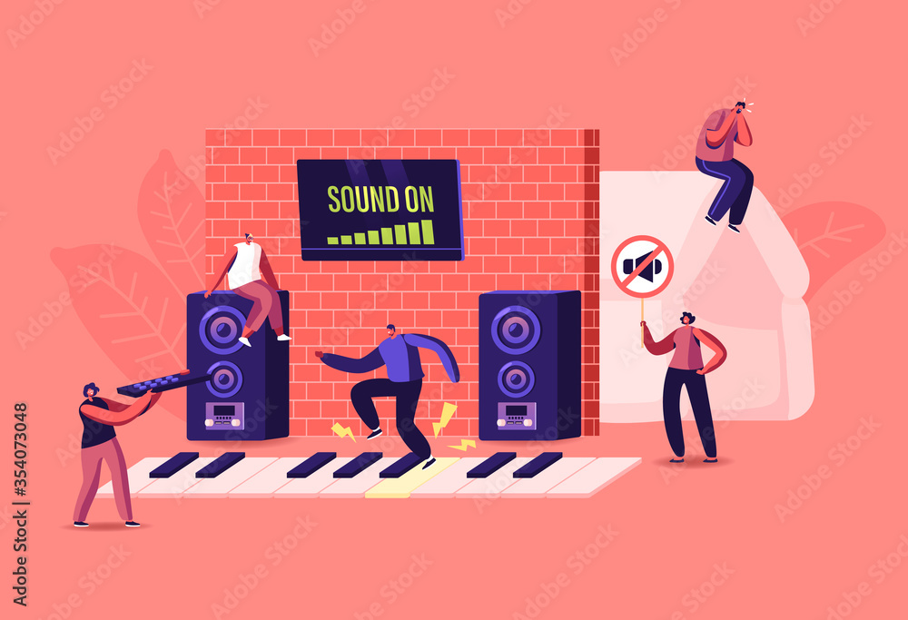 Noise Pollution Concept. Tiny Male and Female Characters Cover Ears to ...