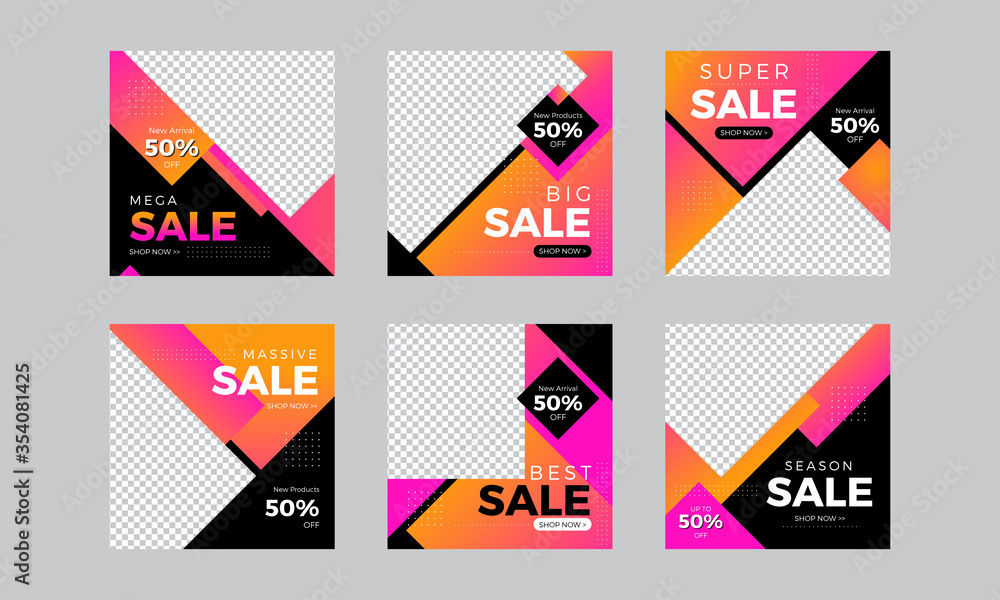 Set of editable square instagram banner template. orange, pink and ...