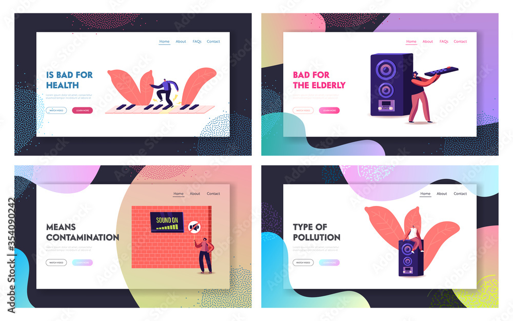 Noise Pollution Landing Page Template Set. Tiny Characters Cover Ears to Avoid Annoying Sound ...