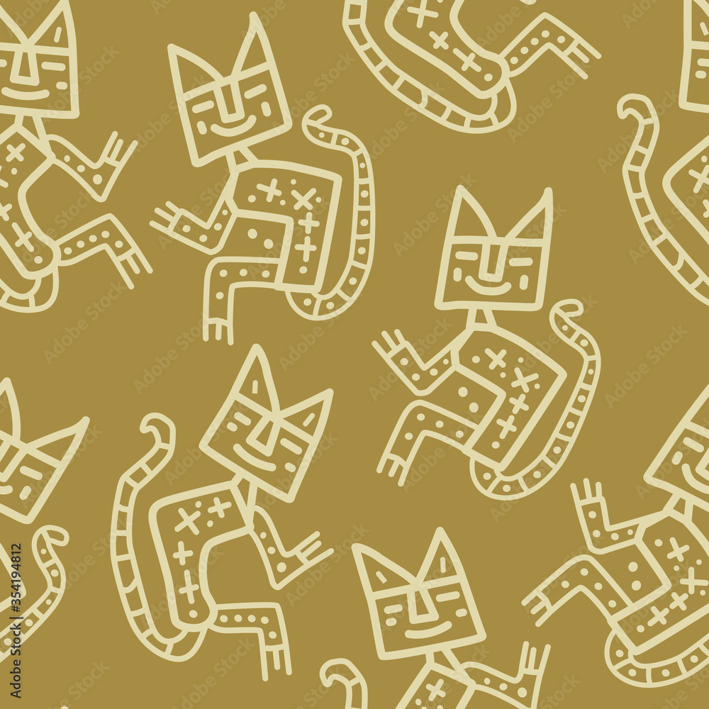 Seamless monochrome animal ethnic pattern with stylized cats. Ancient ...