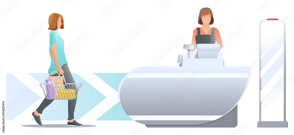 Shopping in store. Woman customer with shopping cart, stand near ...