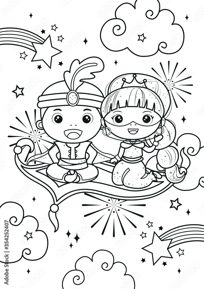 Arabian prince and princess on magic carpet coloring pages. Kids ...