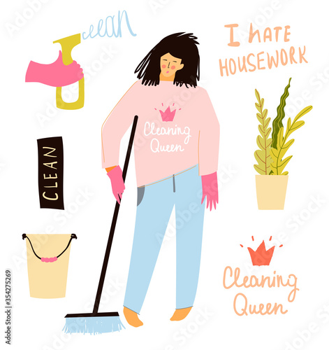 Sad woman or girl cleaning floor with a broom. Hate doing housework ...