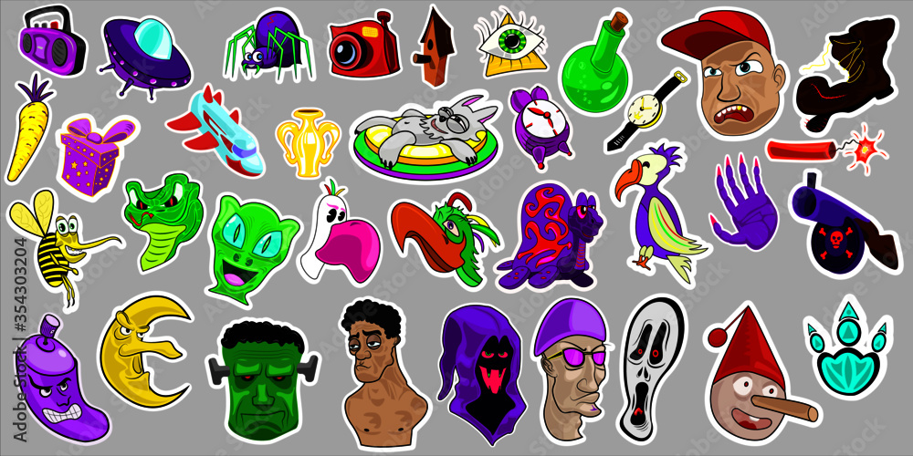 Sticker pack, include: birds, human faces, graffiti, birds, turtle ...