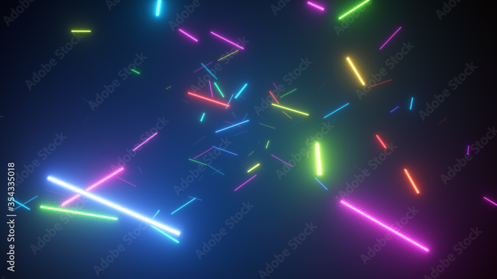 Infinite flight in space among fluorescent neon lamps. Modern rainbow ...