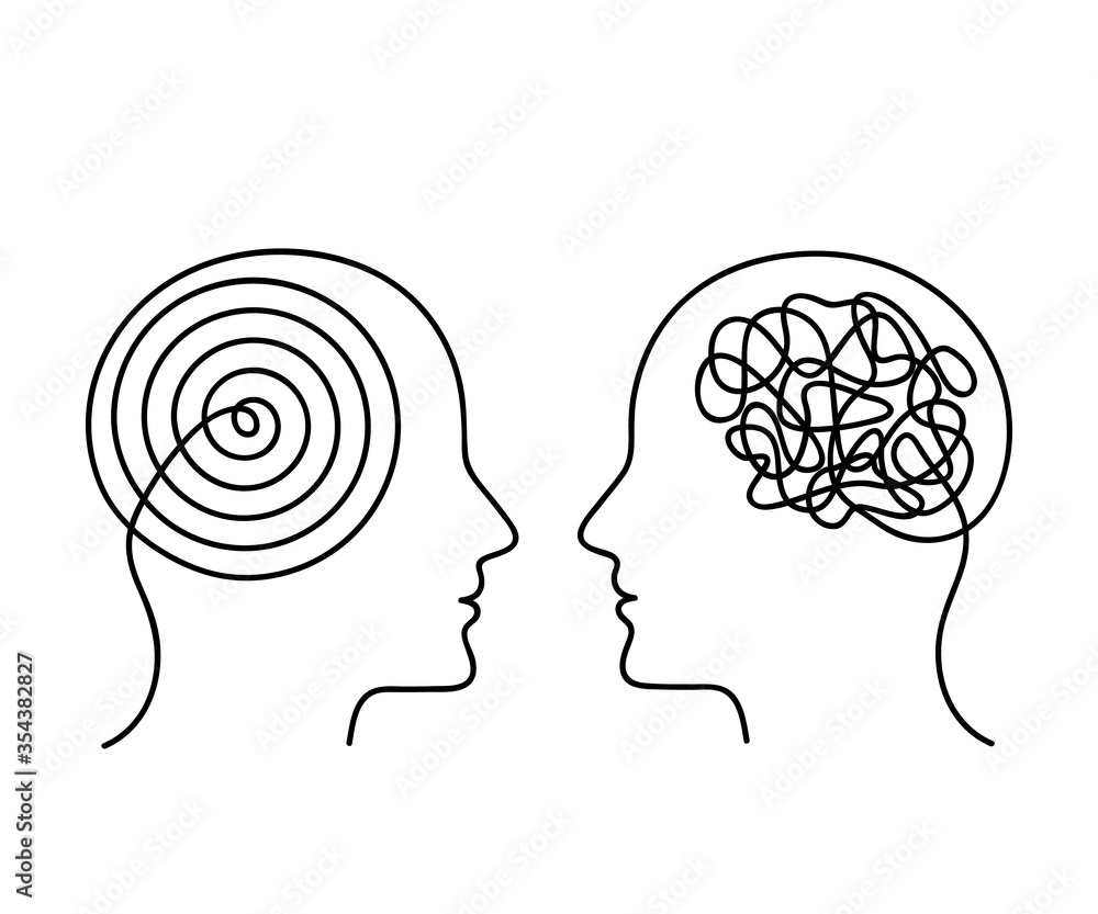 Two human heads with opposite thinking. the concept of chaos and order ...