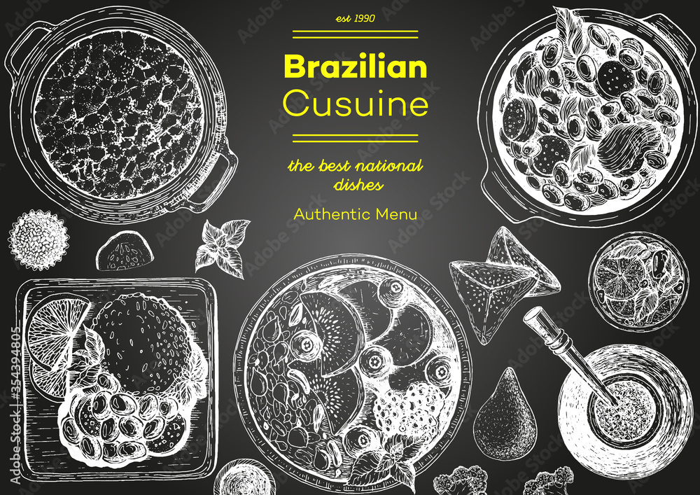 Brazilian cuisine top view frame. Brazilian food menu design with acai ...