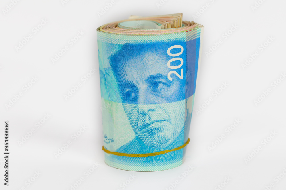 Foto de Stock Bunch of 200 Israeli New Shekels (NIS) bills rolled ...