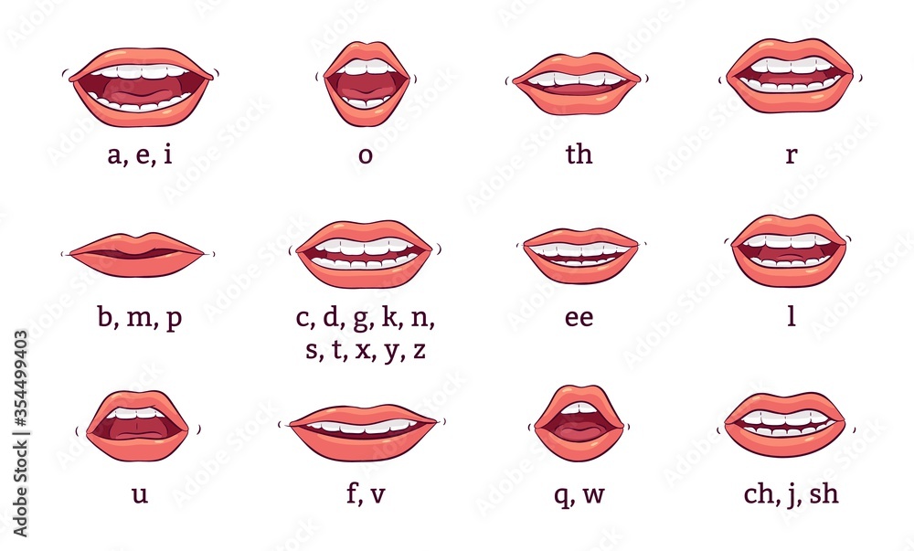 A set of human mouths with lips, teeth and smiles pronouncing sounds ...