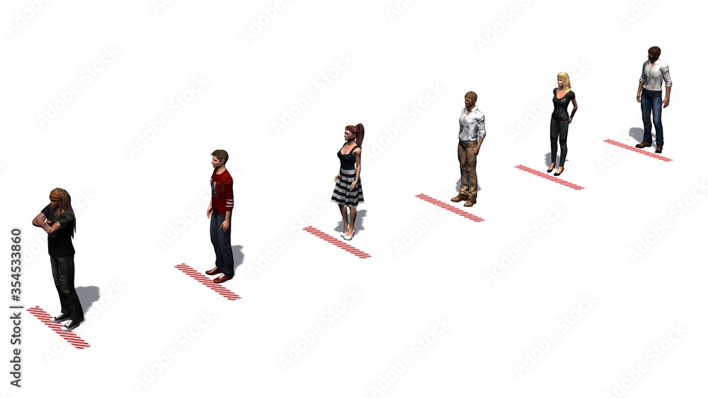 keep distance - people wait in a row with distance by a mark - isolated ...