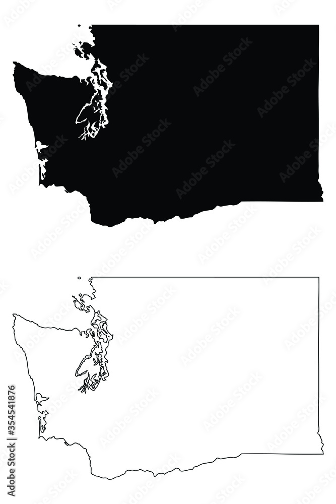 Washington WA state Map USA. Black silhouette and outline isolated maps ...