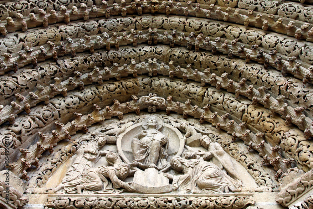 Closeup of Porta Coeli Monastery tympanum decorated with reliefs ...