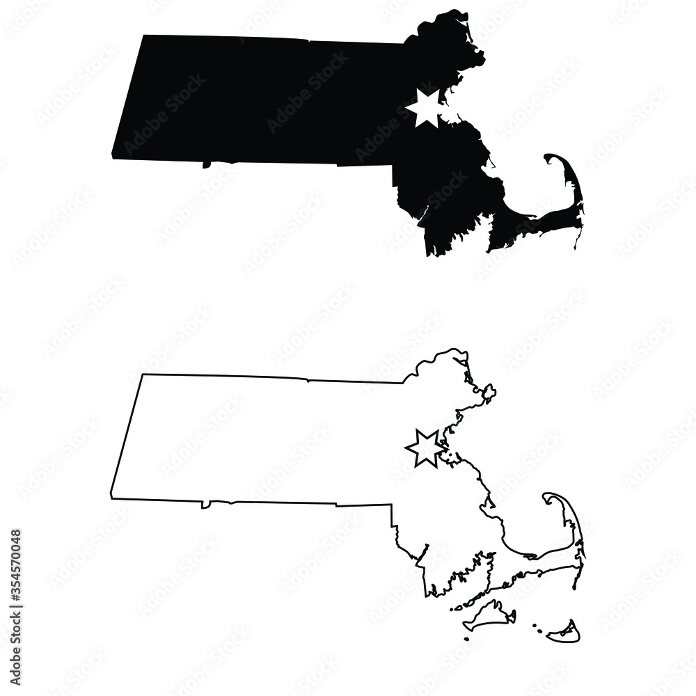 Massachusetts MA state Map USA with Capital City Star at Boston. Black ...