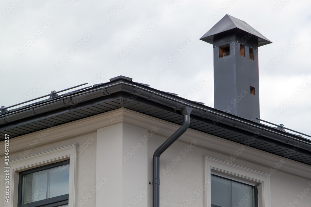 Photo Stock close-up view of house with gray fold roof and plums and ...