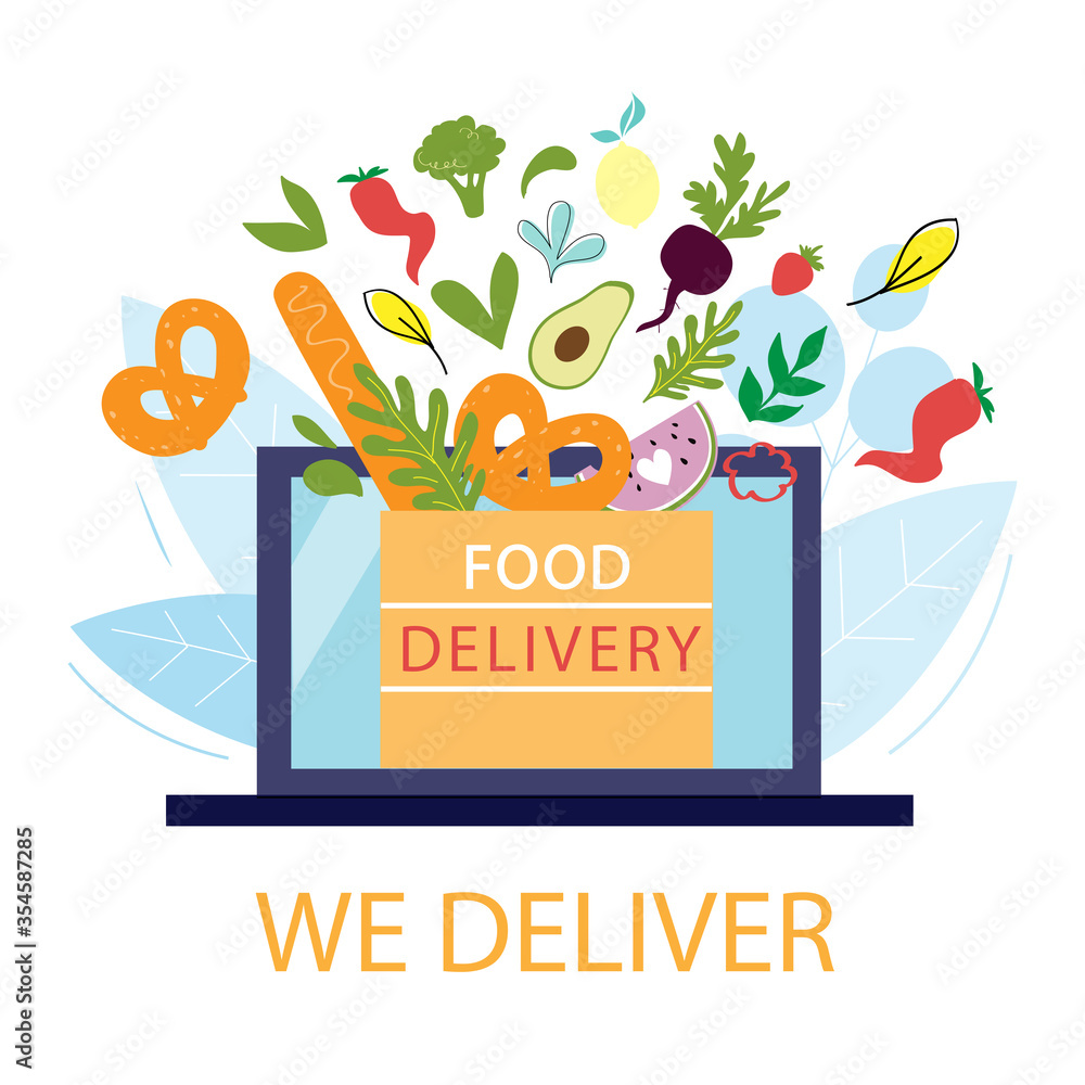 Concept vector illustration for ordering food online. Food box ...