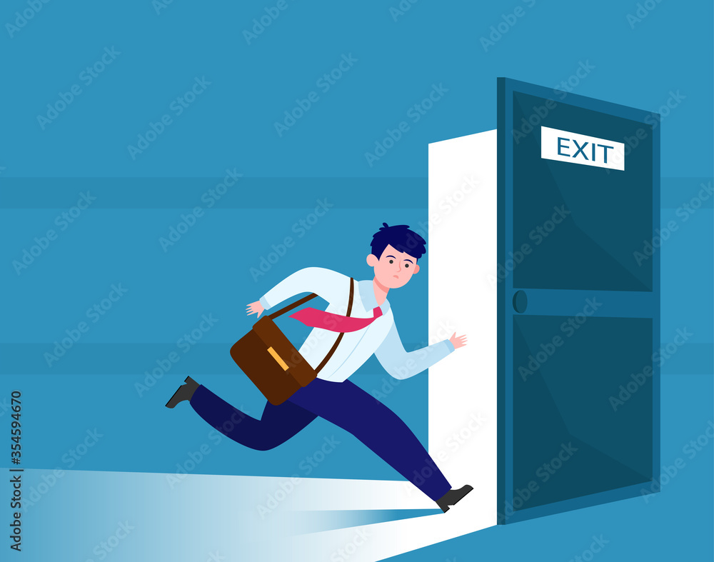 Businessman running to escape exit. Emergency exit open door ...