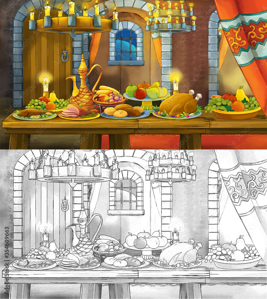 Cartoon fairy tale scene with castle room with the table full of food ...