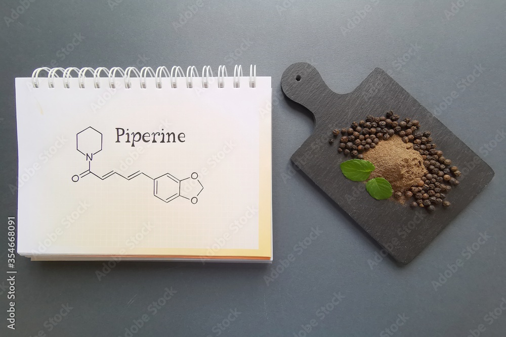 Structural chemical formula of piperine molecule with ground black ...