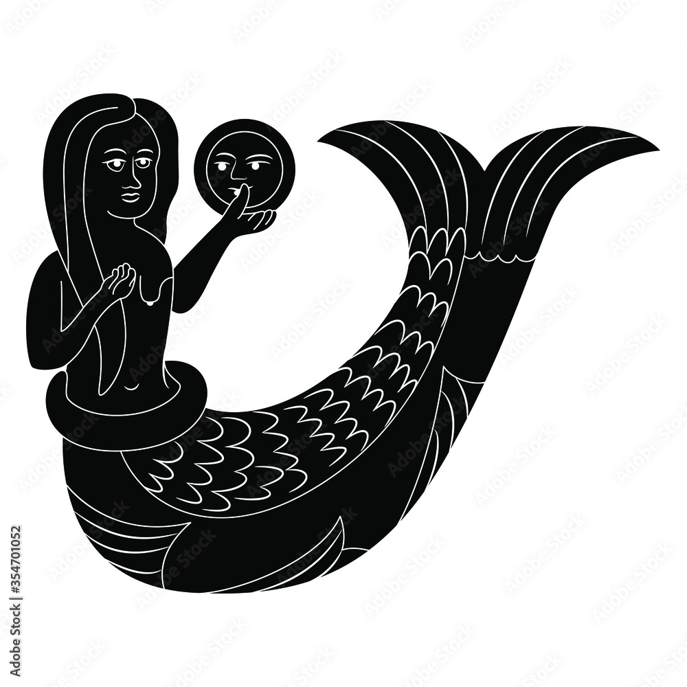 Medieval mermaid holding mirror. Fantastic mythological creature ...