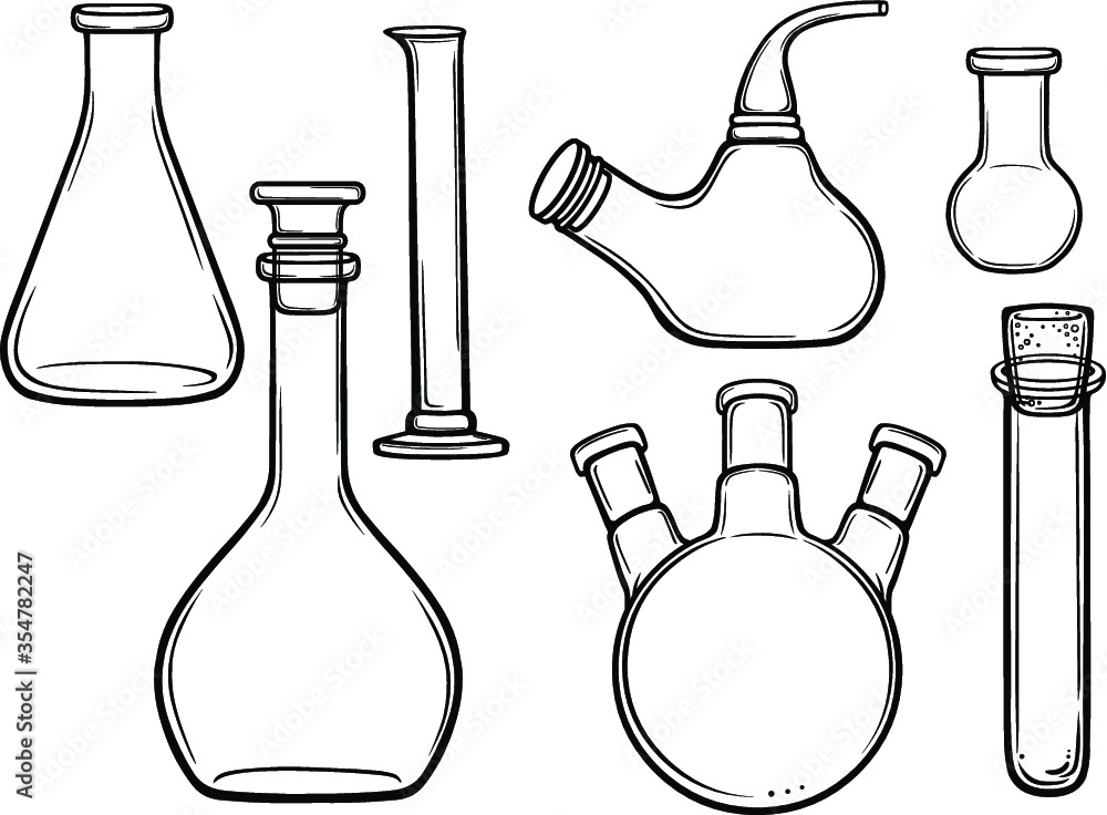 Set of glass laboratory dishes for chemical experiments. Monochrome ...