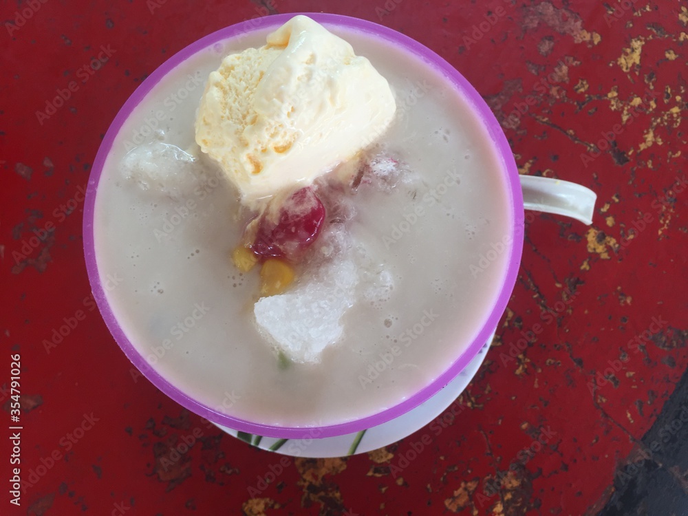 Top view Special iced cendol or Malaysian called cendol pulut special ...