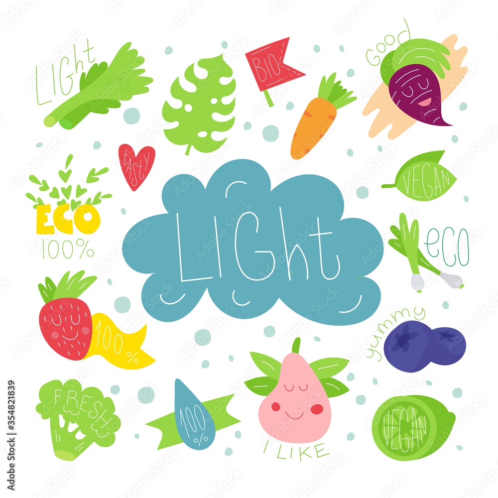 Symbols of healthy eating. Light blue cloud. Modern vector illustration ...