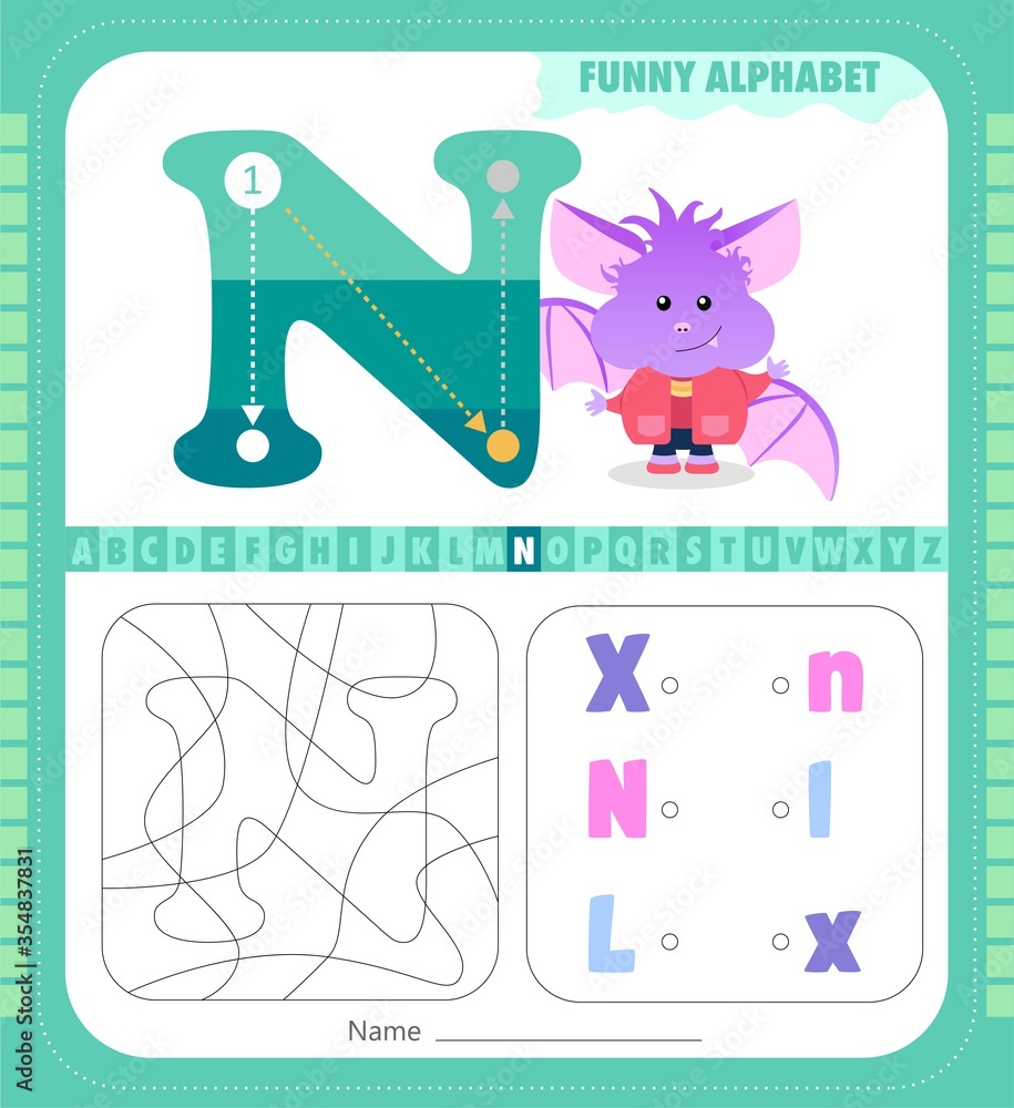 Letter N and funny cartoon bat. Alphabet a-z. Coloring page. Printable ...