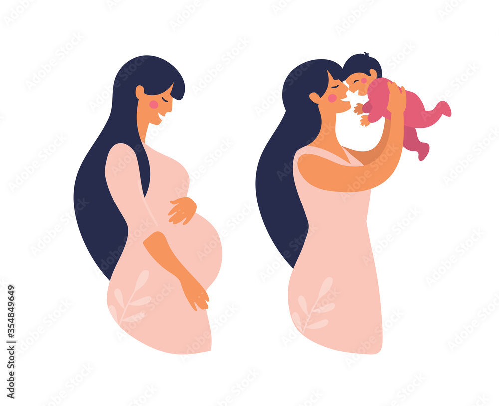 Set of illustrations about pregnancy and motherhood. Pregnant woman ...