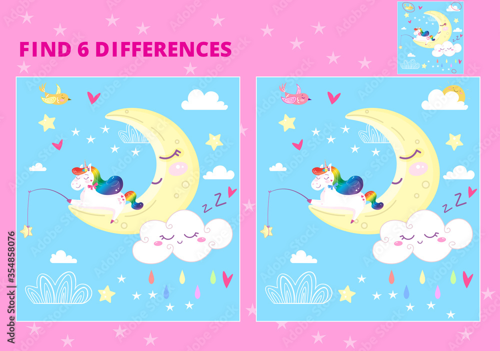 Cute rainbow unicorn catching stars. Find 6 differences. Educational ...