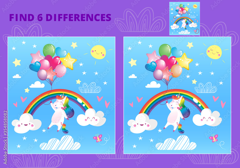 Cute rainbow unicorn flying with balloons. Find 6 differences ...