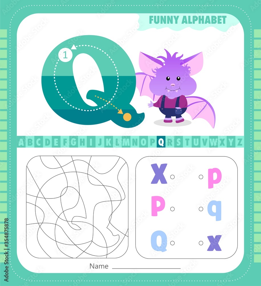 Letter Q and funny cartoon bat. Alphabet a-z. Coloring page. Printable ...