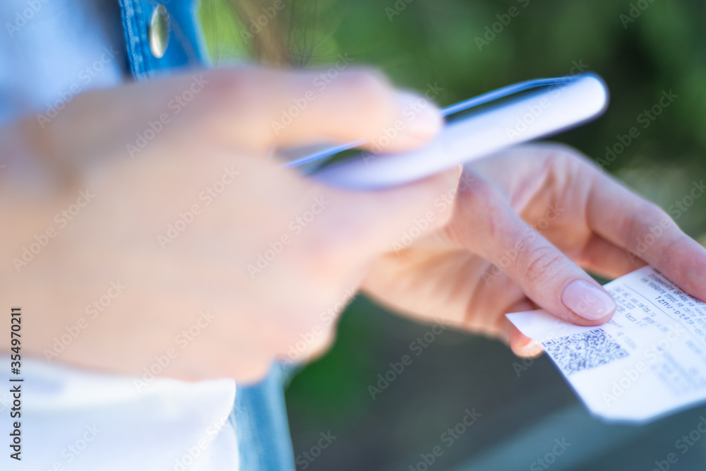 Qr Scan. Person scans qr code on a check from a smartphone, close-up ...