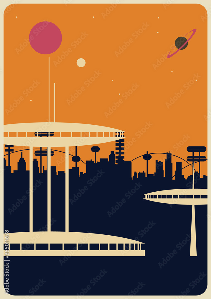 Distant Planet Cityscape, Mid Century Modern Style Retro Future ...