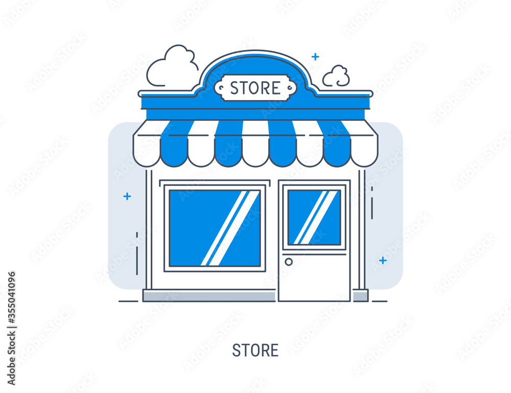 Shop facade flat line art design vector illustration, small retail shop ...