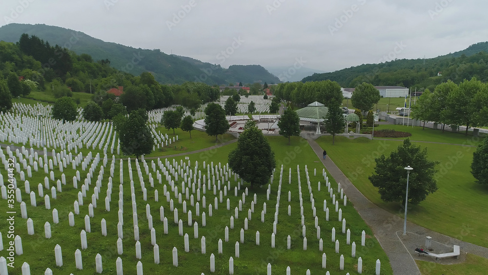 Srebrenica, Bosnia-Herzegovina, June 01 2020: Srebrenica-Potocari memorial and cemetery for the ...
