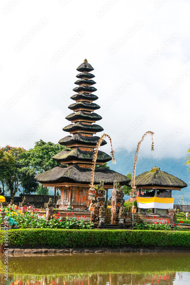 Pura Ulun Danu Bratan, Hindu temple on Bratan lake landscape, one of ...