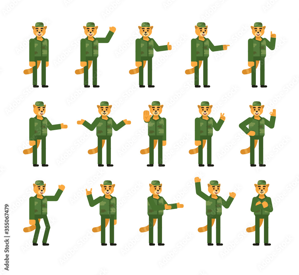 Set of cat soldier characters showing various hand gestures. Military ...