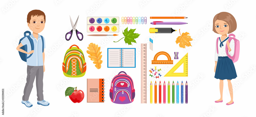 School big set. Boy and girl with backpacks and different school ...