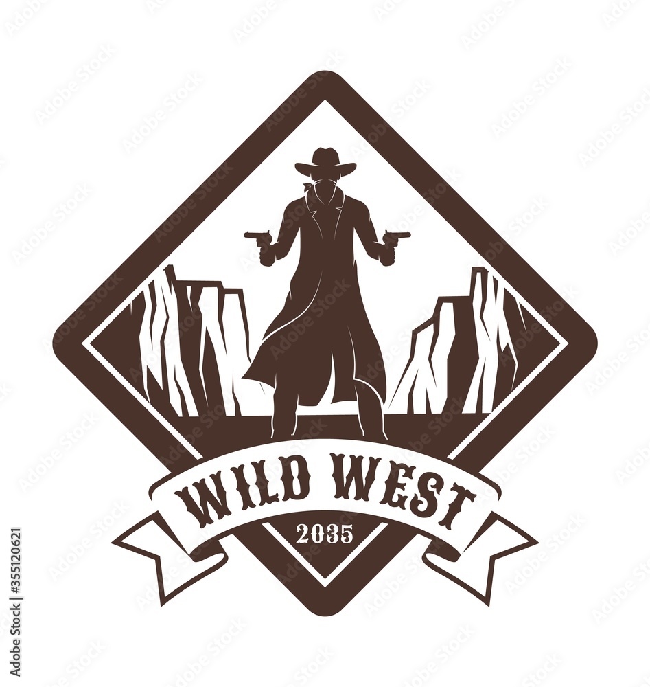 Vintage western emblem - cowboy with guns. Retro wild west badge ...
