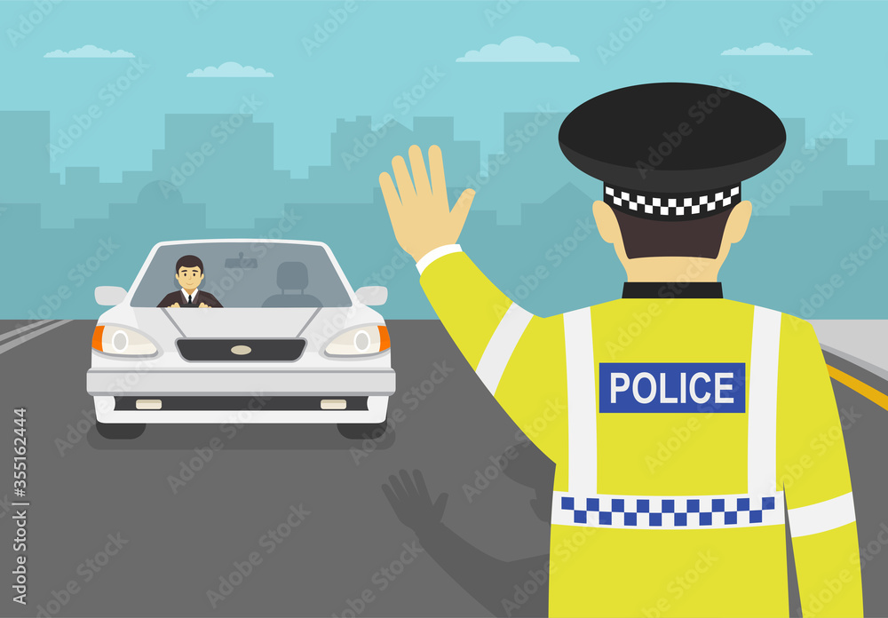 Traffic police officer stops the car and blocked the road. Standing in ...