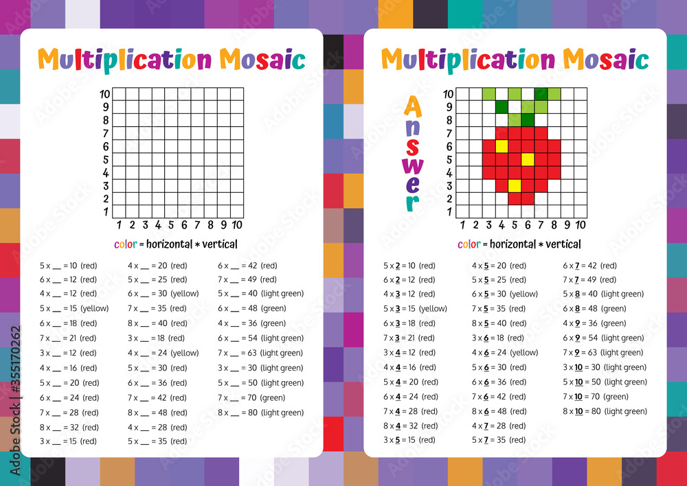 Multiplication Mosaic Math Puzzle Worksheet. Educational Game. Coloring ...